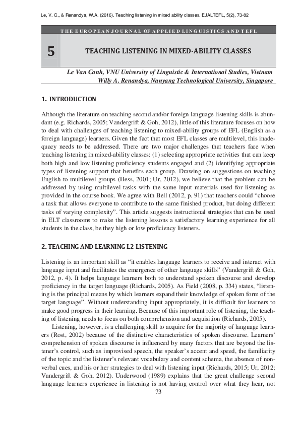 (PDF) TEACHING LISTENING IN MIXED-ABILITY CLASSES