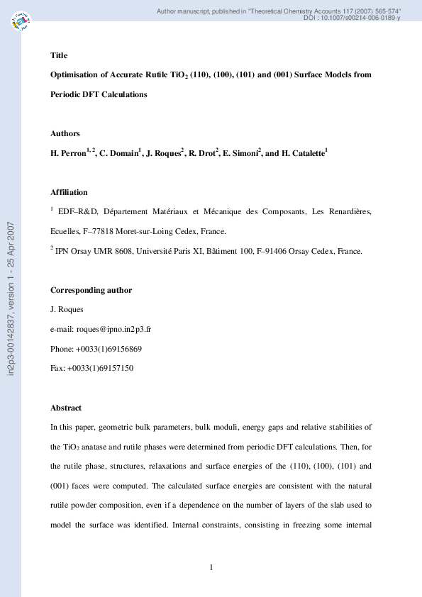 Pdf Optimisation Of Accurate Rutile Tio2 110 100 101 And 001 Surface Models From