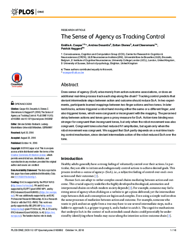 (PDF) The Sense of Agency as Tracking Control