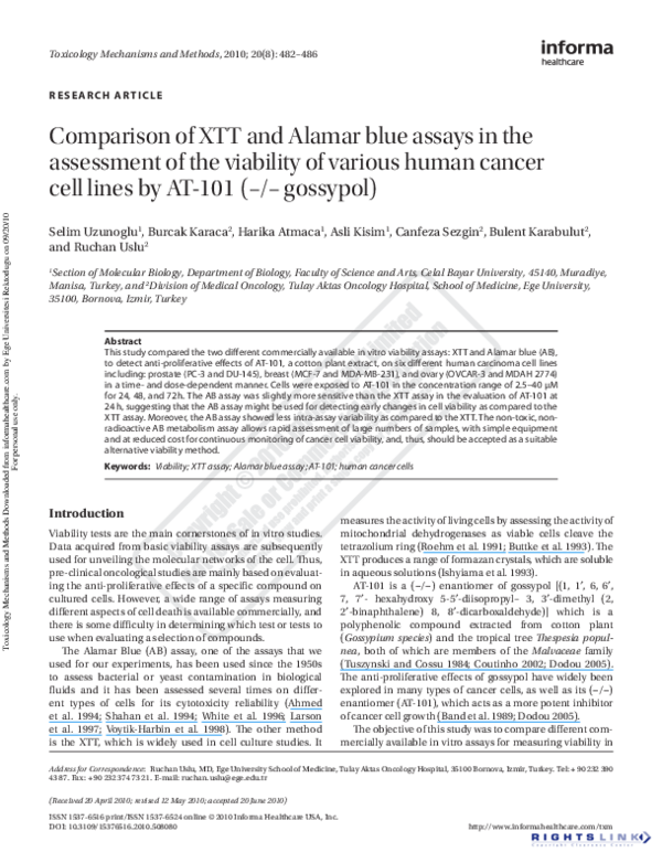 (PDF) Comparison of XTT and Alamar blue assays in the assessment of the ...