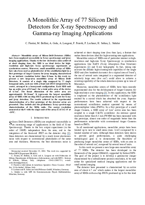 Pdf A Monolithic Array Of 77 Silicon Drift Detectors For X Ray