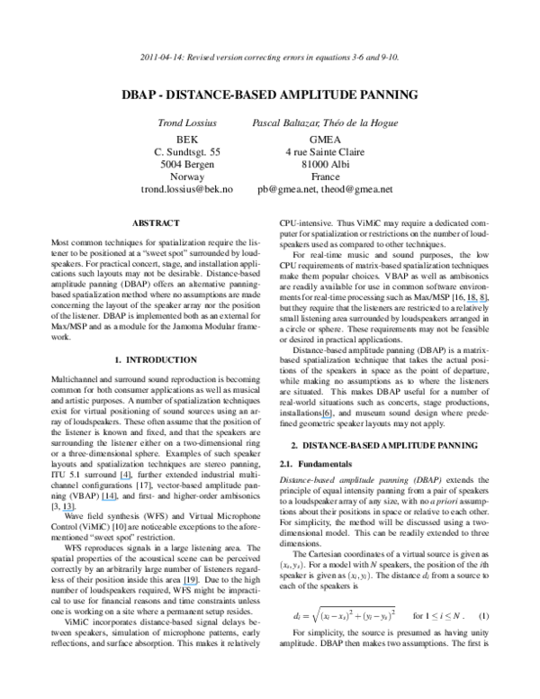 (PDF) DBAP - DISTANCE-BASED AMPLITUDE PANNING