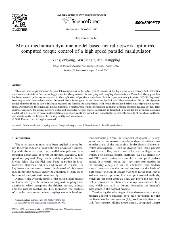 (PDF) Motor-mechanism dynamic model based neural network optimized computed torque control of a ...