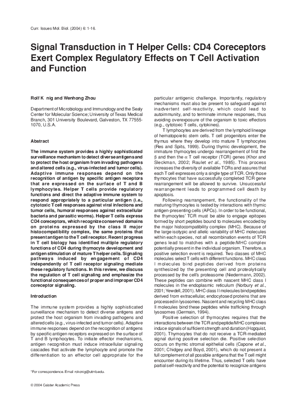 (PDF) Signal transduction in T helper cells: CD4 coreceptors exert ...