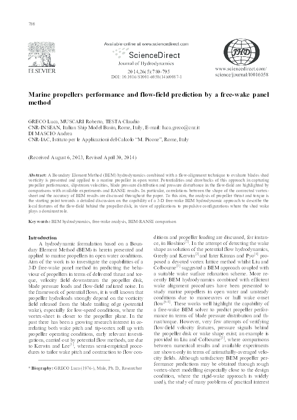 (PDF) Marine propellers performance and flow-field prediction by a free-wake panel method