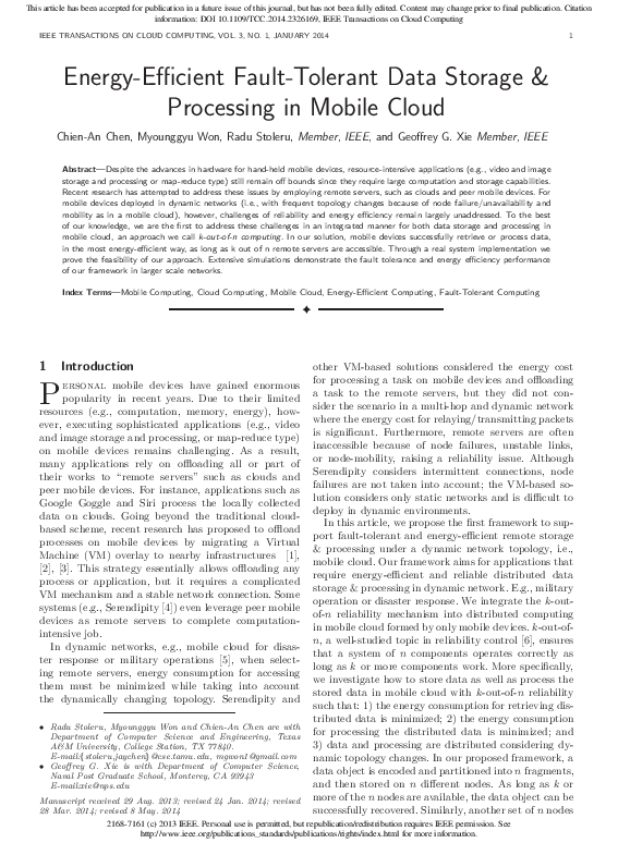 (PDF) Energy-Efficient Fault-Tolerant Data Storage & Processing in Mobile Cloud
