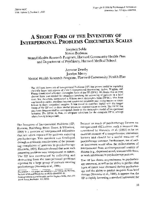 (PDF) A Short Form of the Inventory of Interpersonal Problems ...