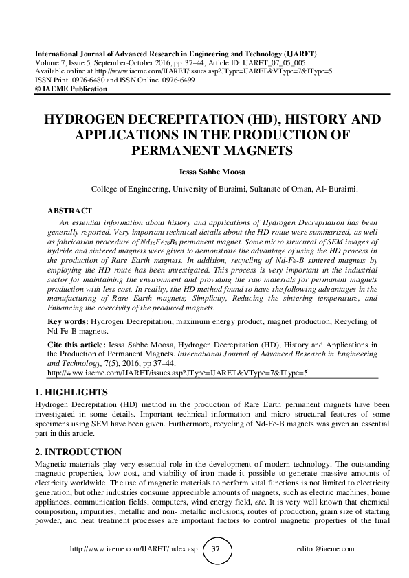 (PDF) HYDROGEN DECREPITATION (HD), HISTORY AND APPLICATIONS IN THE ...