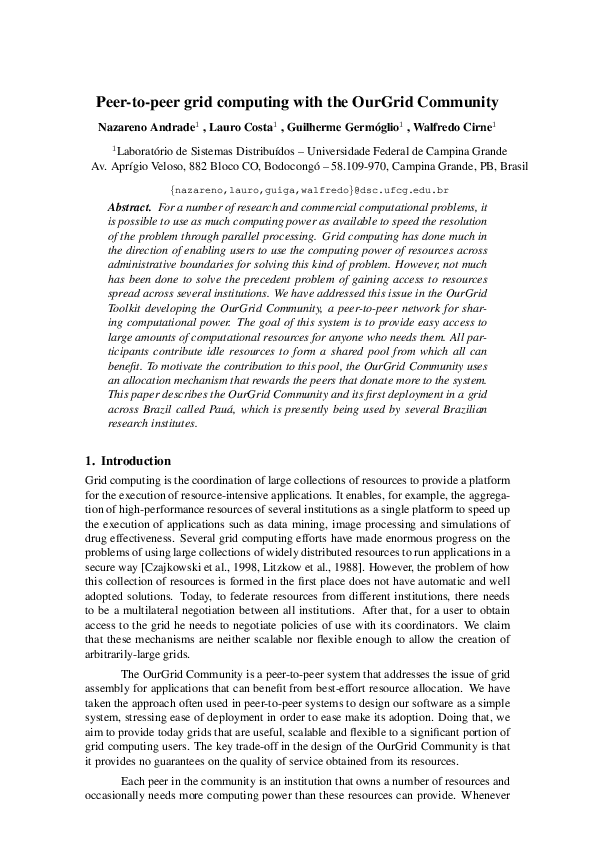 (PDF) Peer-to-peer grid computing with the OurGrid Community