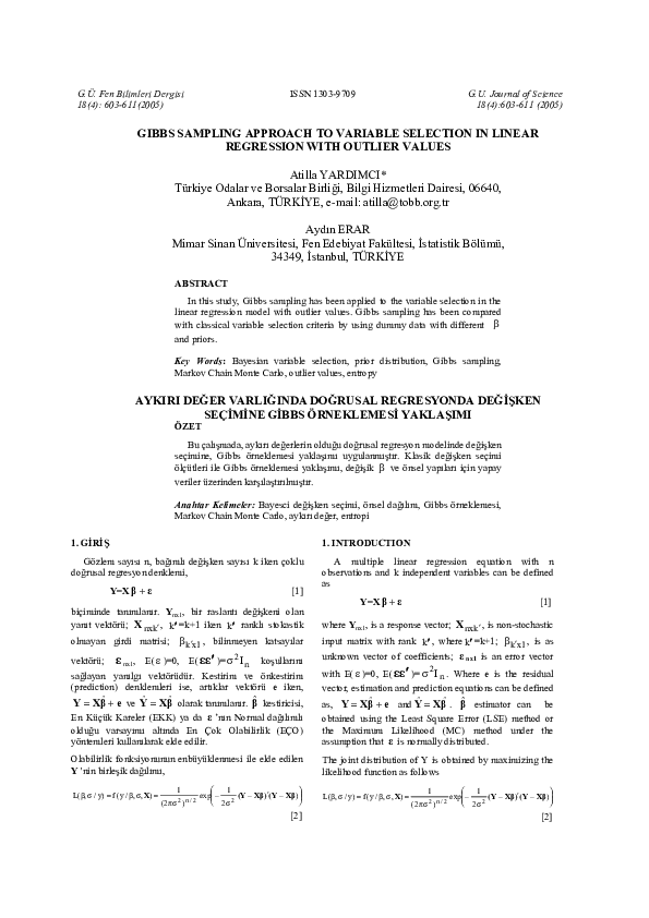 (PDF) GIBBS SAMPLING APPROACH TO VARIABLE SELECTION IN LINEAR ...