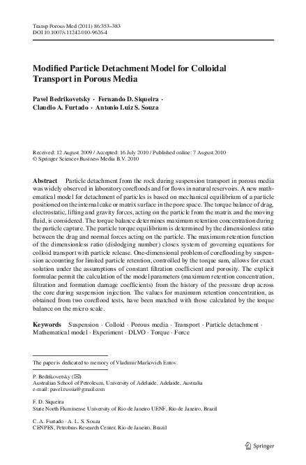 (PDF) Modified Particle Detachment Model for Colloidal Transport in Porous Media