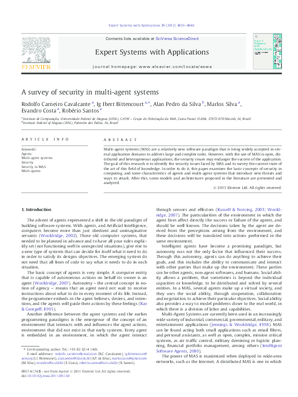 (PDF) A survey of security in multi-agent systems