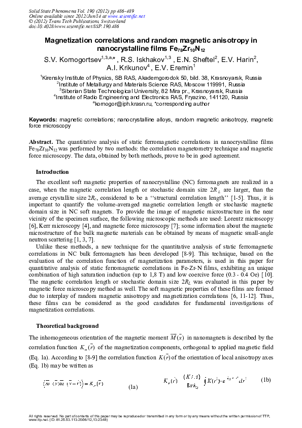 (PDF) Magnetization and Anisotropy in Fe78Zr10N12 Nanocrystalline Films