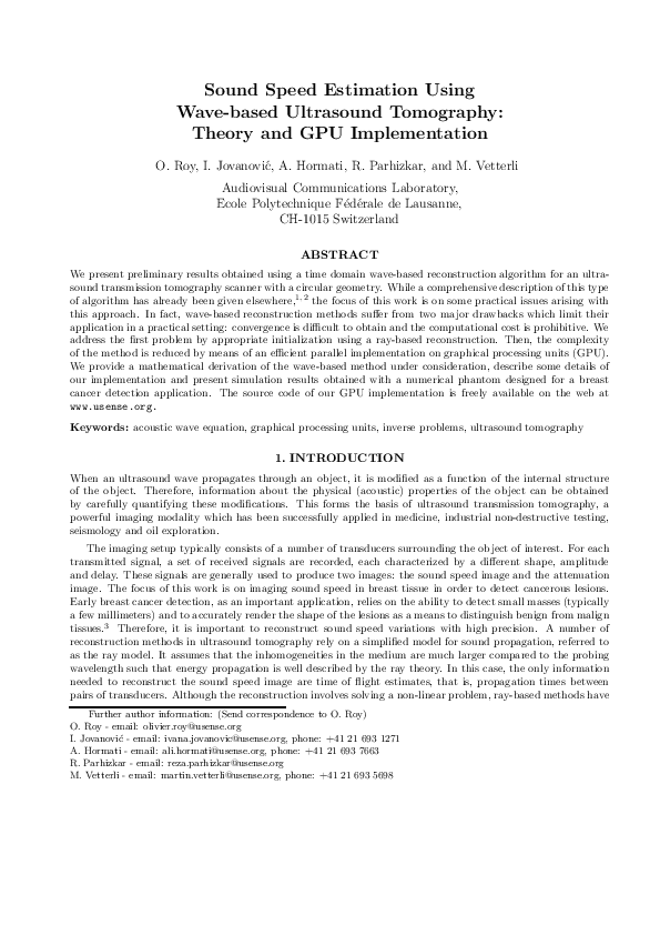 (PDF) Sound speed estimation using wave-based ultrasound tomography: theory and GPU implementation