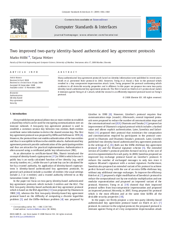 (PDF) Two improved two-party identity-based authenticated key agreement protocols