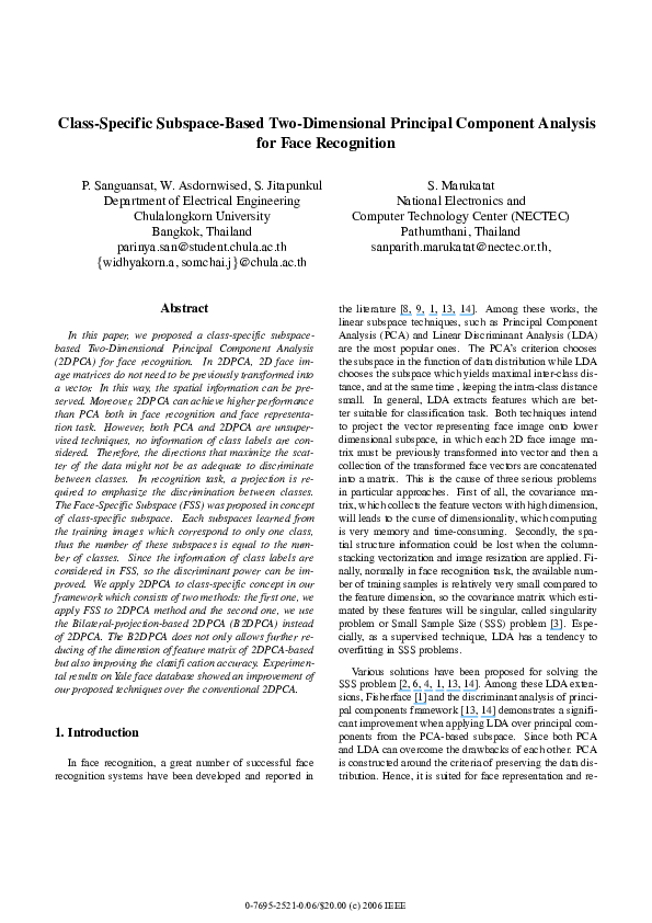 Pdf Class Specific Subspace Based Two Dimensional Principal Component