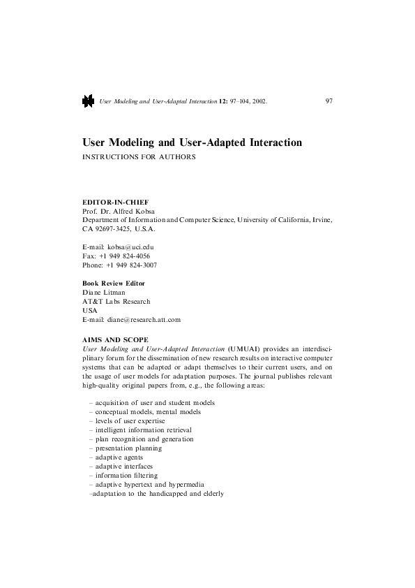 (PDF) User modeling and user adapted interaction