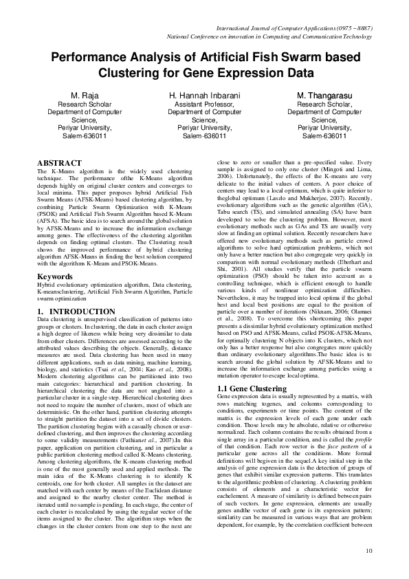 (PDF) Performance Analysis of Artificial Fish Swarm based Clustering for Gene Expression Data