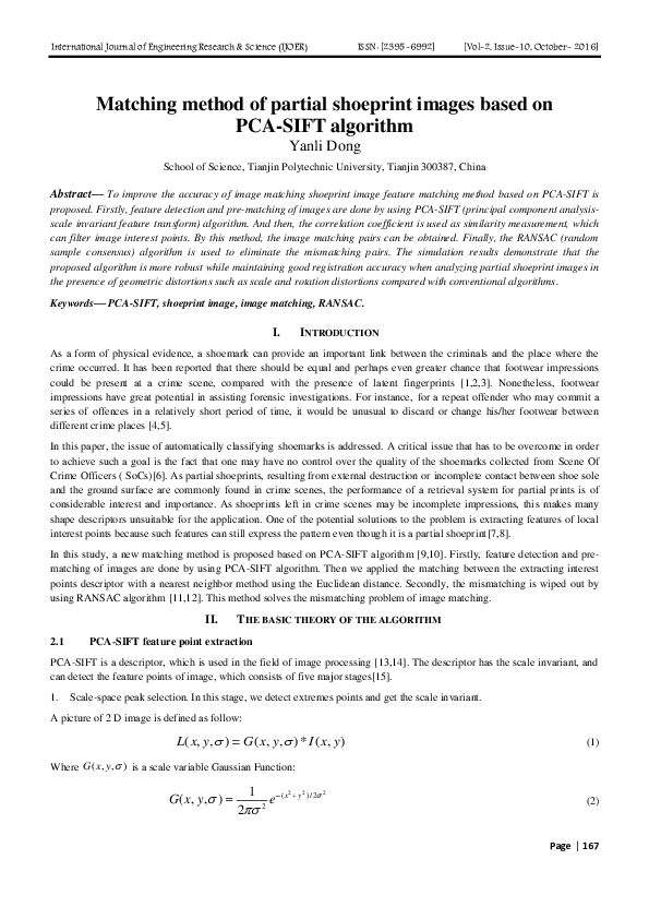 (PDF) Matching method of partial shoeprint images based on PCA-SIFT algorithm