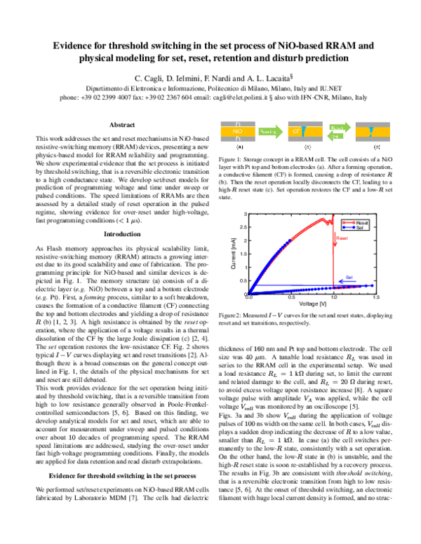 (PDF) Evidence for threshold switching in the set process of NiO-based RRAM and physical ...