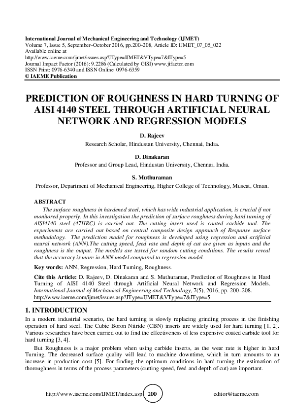 Pdf Response Surface And Neural Network Based Predictive Models Of Cutting Temperature In Hard