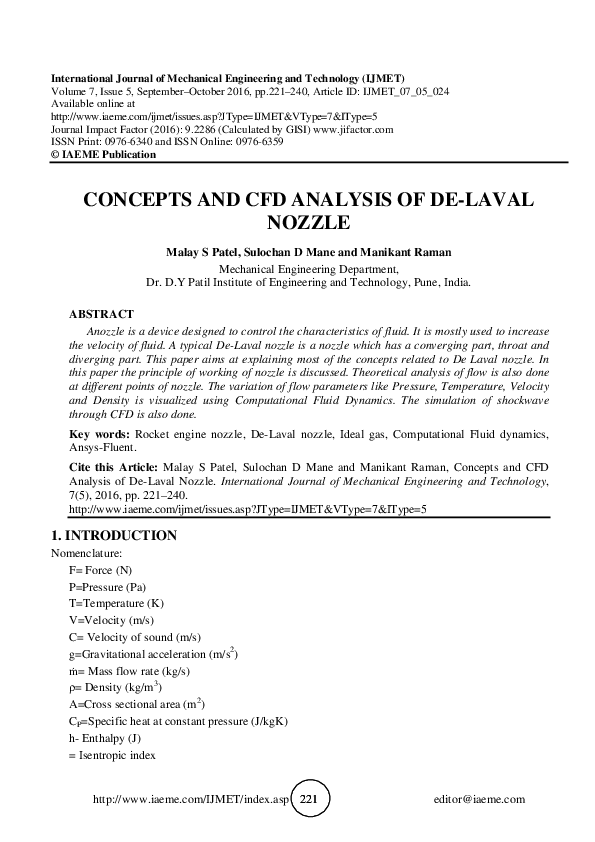 (PDF) CONCEPTS AND CFD ANALYSIS OF DE-LAVAL NOZZLE