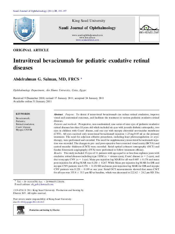 (PDF) Intravitreal bevacizumab for pediatric exudative retinal diseases