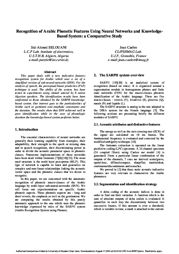 Pdf Recognition Of Arabic Phonetic Features Using Neural Networks And Knowledge Based System