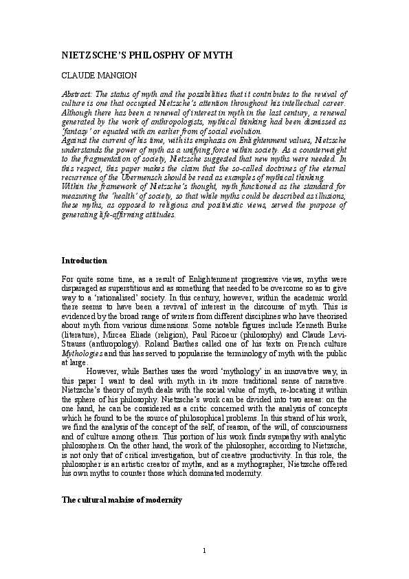 (DOC) 'Nietzsche's Philosophy of Myth' (2003) Humanitas, Journal of the ...