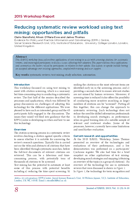Pdf Reducing Systematic Review Workload Using Text Mining Opportunities And Pitfalls