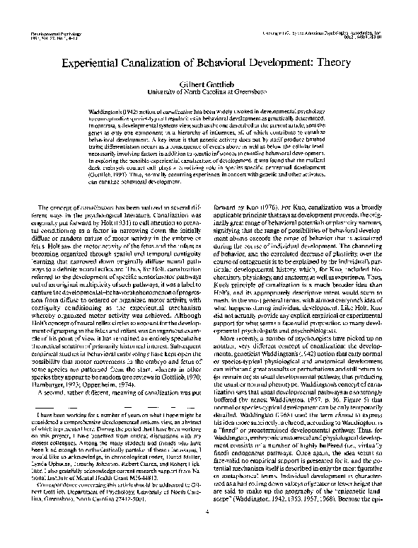 (PDF) Experiential Canalization of Behavioral Development: Theory