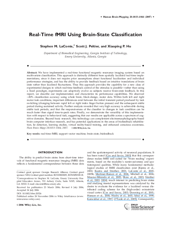 Pdf Real Time Fmri Using Brain State Classification