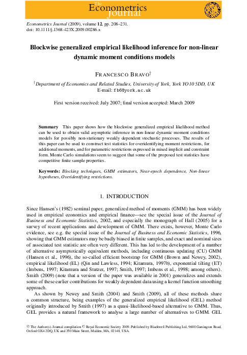 (PDF) Blockwise generalized empirical likelihood inference for non-linear dynamic moment ...