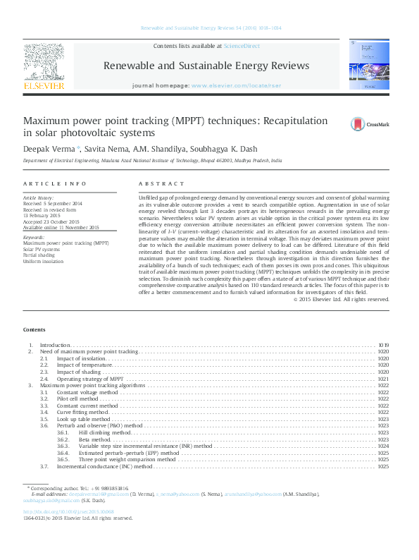 (PDF) Maximum power point tracking (MPPT) techniques: Recapitulation in solar photovoltaic systems