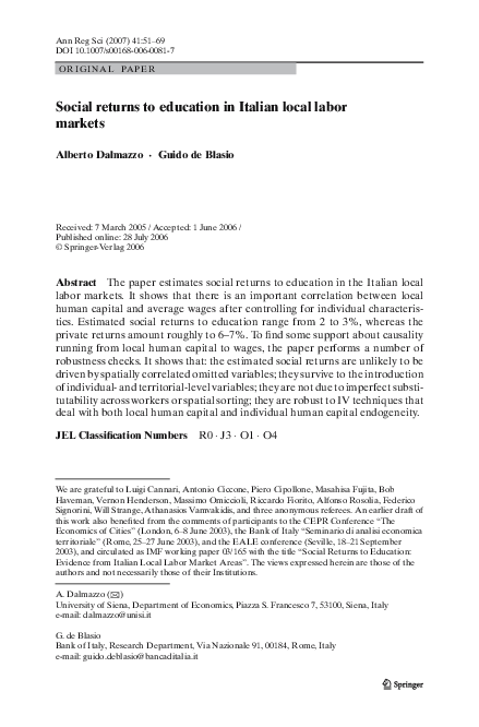 (PDF) Social returns to education in Italian local labor markets
