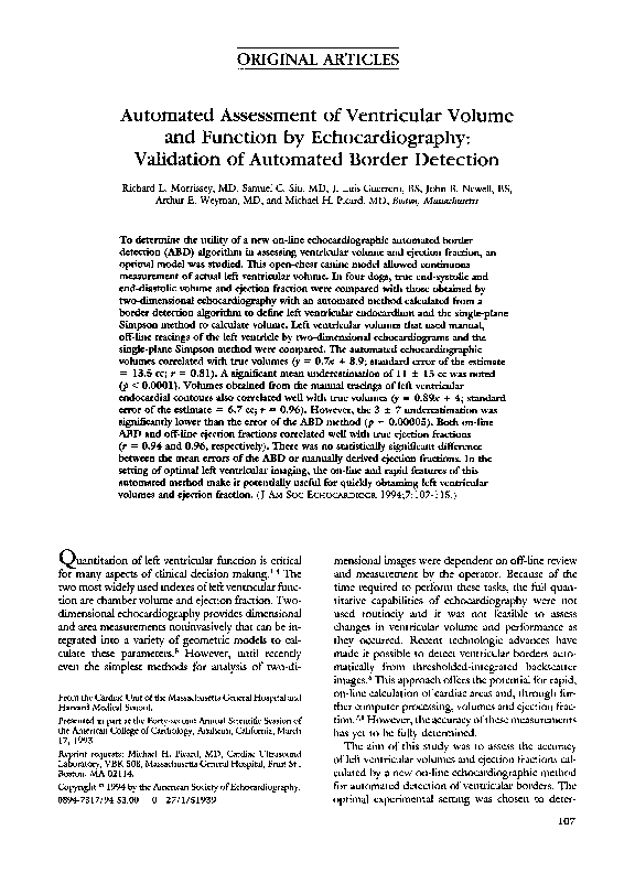(PDF) Automated Assessment of Ventricular Volume and Function by Echocardiography: Validation of ...