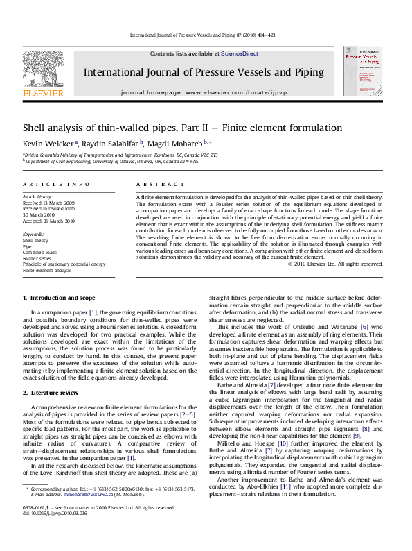 (PDF) Shell analysis of thin-walled pipes. Part II – Finite element formulation