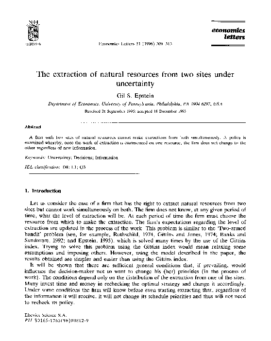 (PDF) The extraction of natural resources from two sites under uncertainty