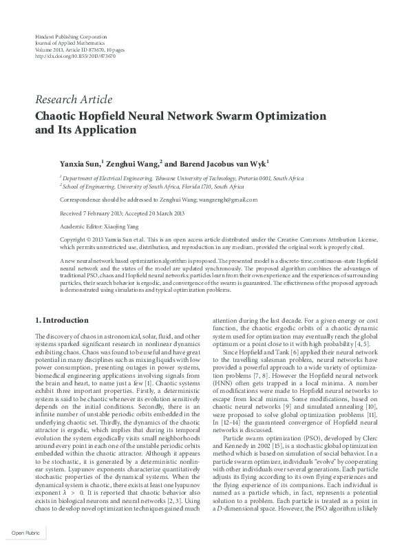 Pdf Chaotic Hopfield Neural Network Swarm Optimization And Its Application Yanxia Sun