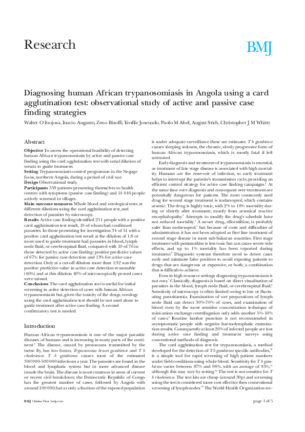 (PDF) Diagnosing human African trypanosomiasis in Angola using a card ...