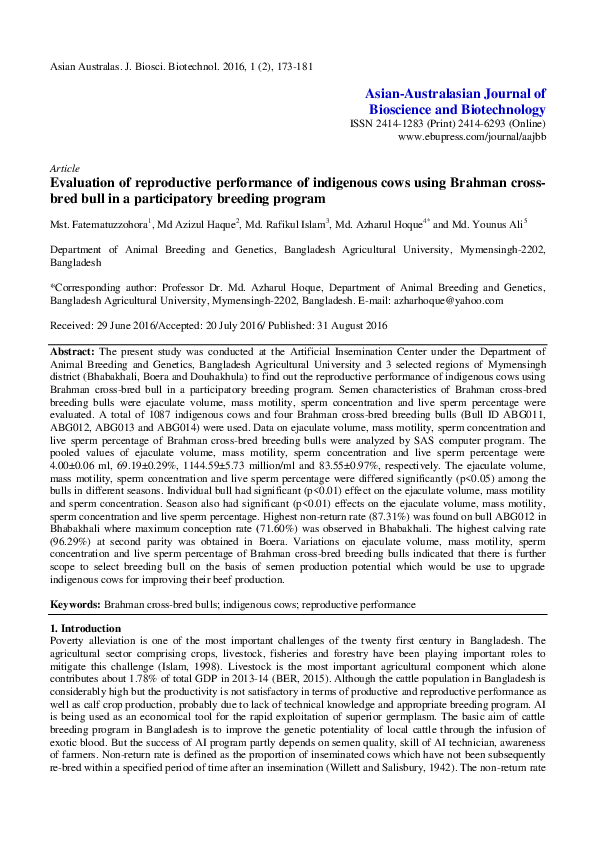 (PDF) Evaluation of reproductive performance of indigenous cows using Brahman cross- bred bull ...