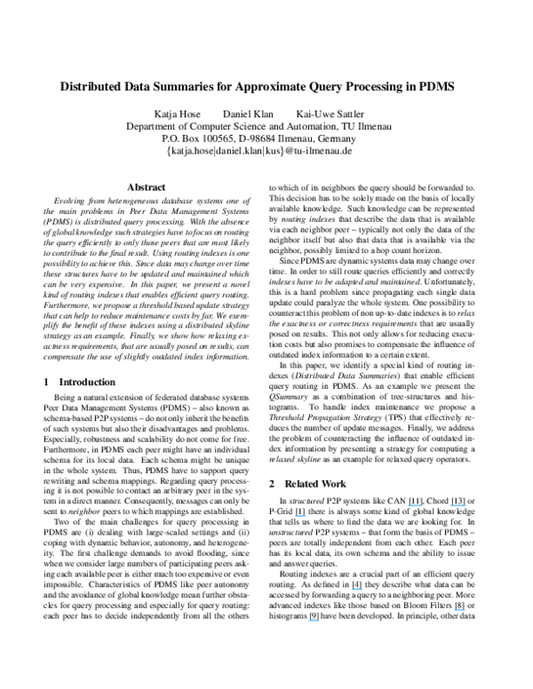 Pdf Distributed Data Summaries For Approximate Query Processing In Pdms