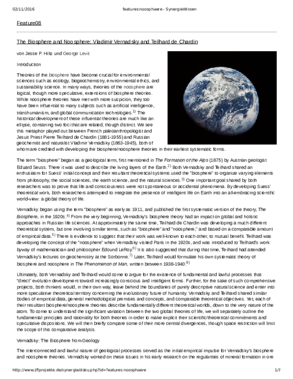 (PDF) Feature08 The Biosphere and Noosphere: Vladimir Vernadsky and Teilhard de Chardin
