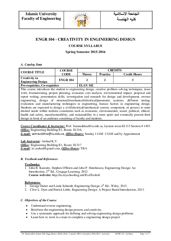 (PDF) ENGR 104 -CREATIVITY IN ENGINEERING DESIGN COURSE SYLLABUS Spring ...