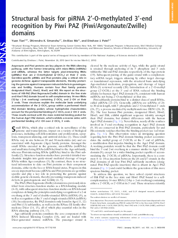(PDF) Inaugural Article: Structural basis for piRNA 2'-O-methylated 3 ...