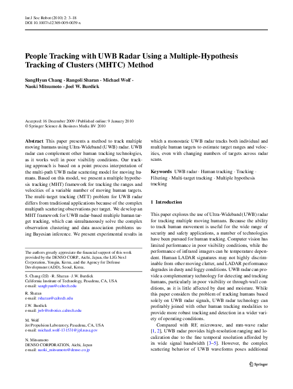 Pdf People Tracking With Uwb Radar Using A Multiple Hypothesis Tracking Of Clusters Mhtc Method