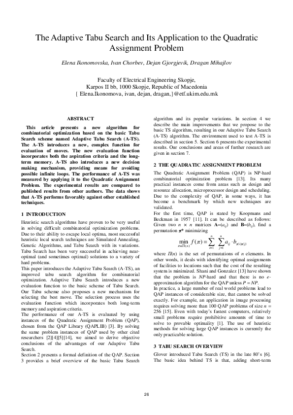 (PDF) The Adaptive Tabu Search and Its Application to the Quadratic Assignment Problem