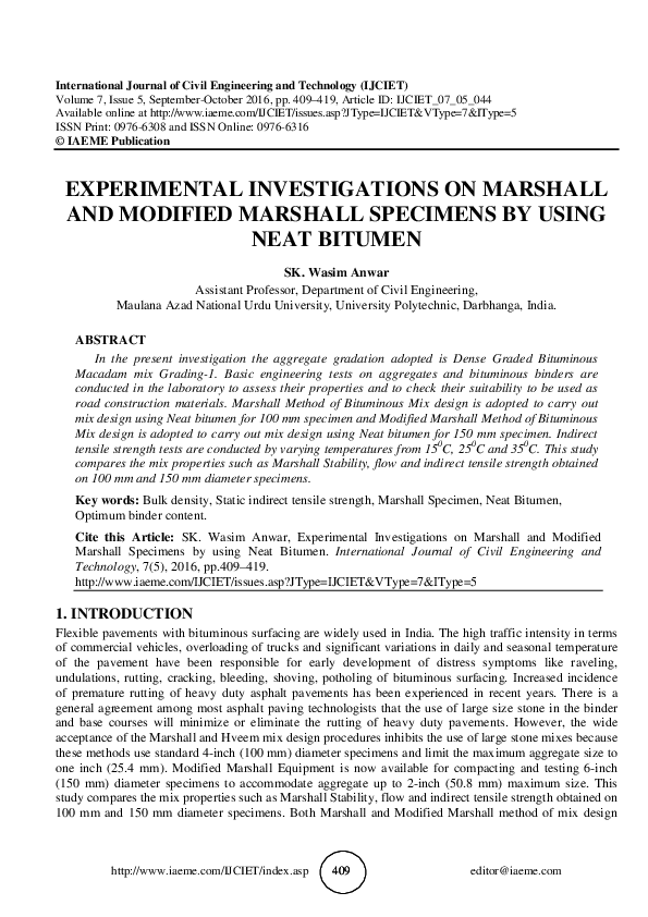 (PDF) EXPERIMENTAL INVESTIGATIONS ON MARSHALL AND MODIFIED MARSHALL ...