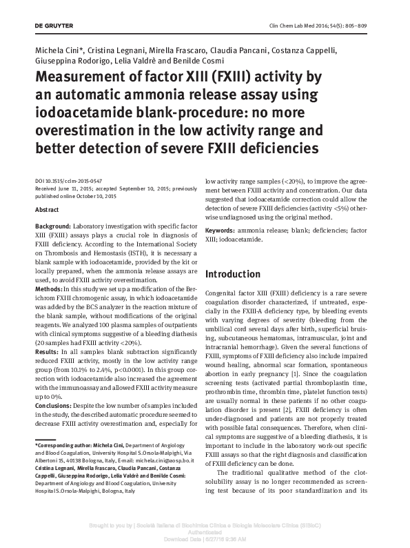 (PDF) Measurement of factor XIII (FXIII) activity by an automatic ...