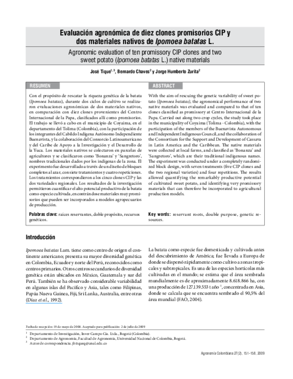(PDF) Agronomic evaluation of ten promissory CIP clones and two sweet potato (Ipomoea batatas L ...